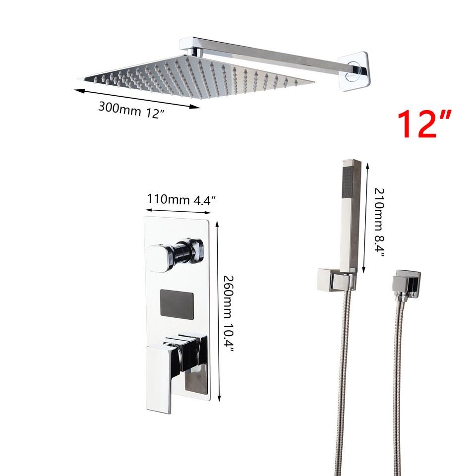 12“ Bathroom Chrome Waterfall Shower Mixer & Hand Sprayer Kit Mixer ...