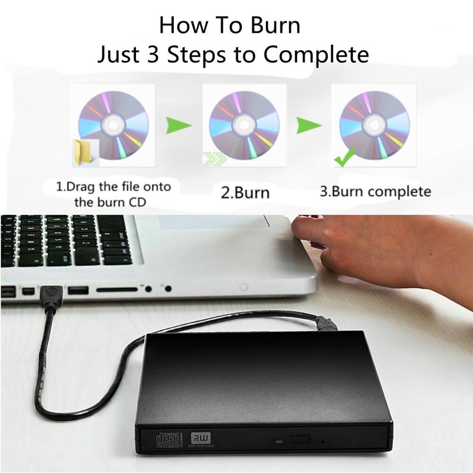 External CD DVD Drive USB Slim Portable DVD CD-RW Burner Driver Laptop ...