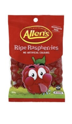 12 x 190g ALLENS RIPE RASPBERRIES BULK LOLLIES JELLY RED RASPBERRY HANG ...