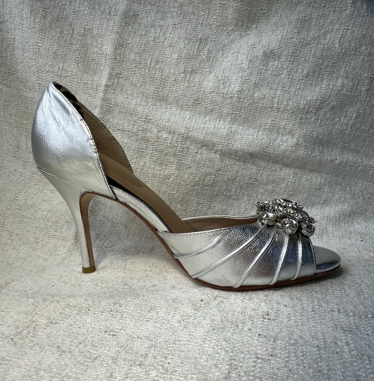 GLINT Womens Silver Leather Peep Toe Rhinestone High Heel Shoe Sz 8M ...