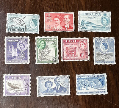 1953-54 QUEEN ELIZABETH II ROYAL VISIT STAMPS FROM 10 DIFFERENT WW ...