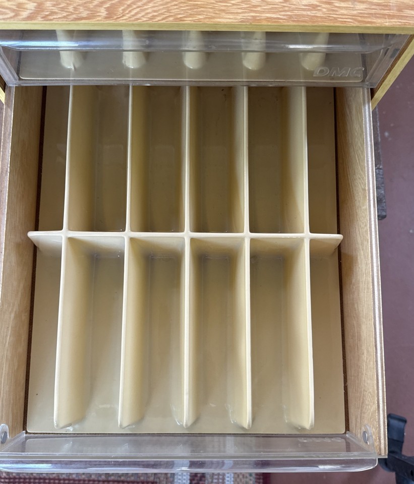 Vintage DMC Thread Floss Wooden Wood 3 Drawer Box Embroidery Storage W ...