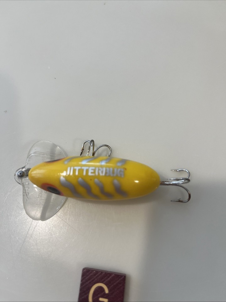 VINTAGE FRED ARBOGAST JITTERBUG YELLOW WITH CLEAR PLASTIC LIP "SCARCE" | eBay
