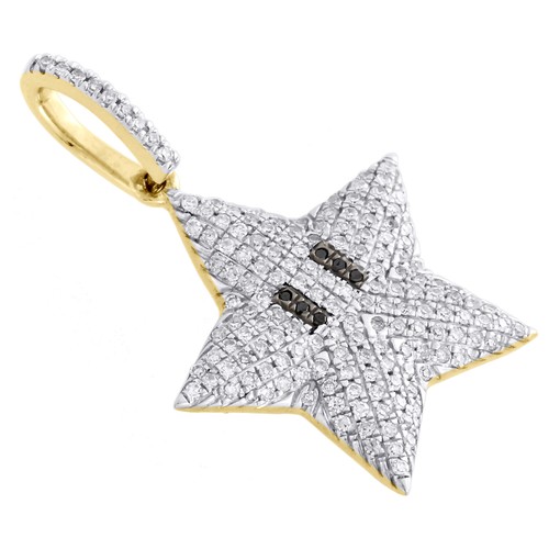 10K Yellow Gold Black Diamond Puff Dome Mini Star Pendant 1" Unisex ...