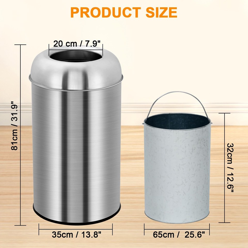 18.5 Gal/70L Trash Can, Stainless Steel Open Top Garbage Can with ...