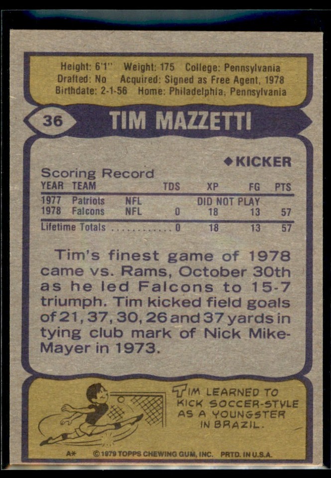 1979 Topps Tim Mazzetti Atlanta Falcons RC #36 | eBay