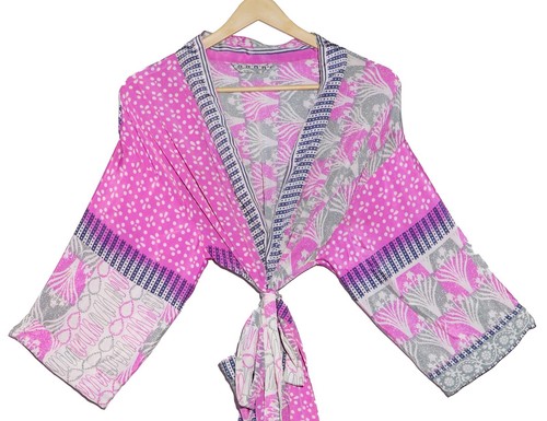 Floral Beach House Robe Long Summer Wear Sari Silk Kimono Gown, SR-472 ...