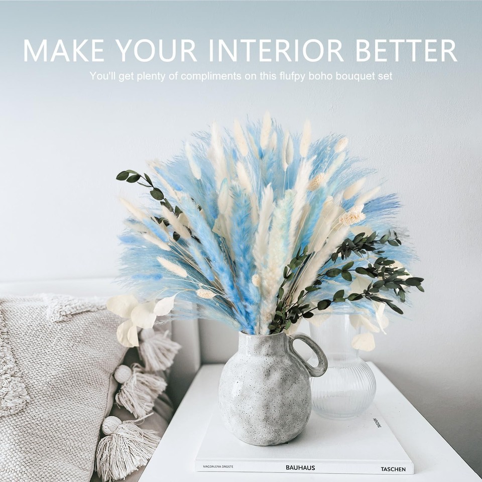 N&T NETING 101Pcs Blue Pampas Grass Decor Natural Dried Floral Pampas ...