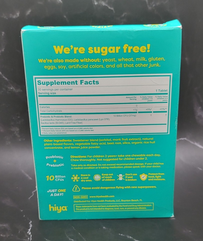 Hiya Health Kids Daily Probiotic 30 Chewables - 30 Day Supply Sealed ...
