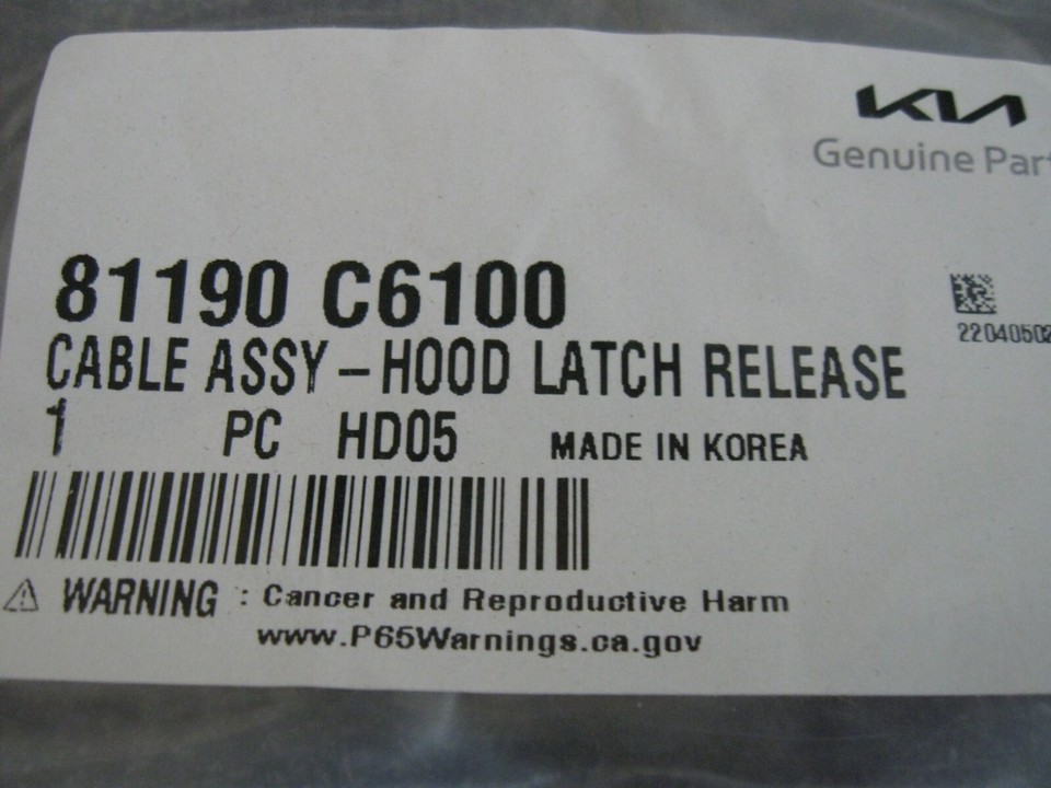Kia 81190 C6100 Cable Assy Hood Latch Release New, Genuine 2016-2020 ...