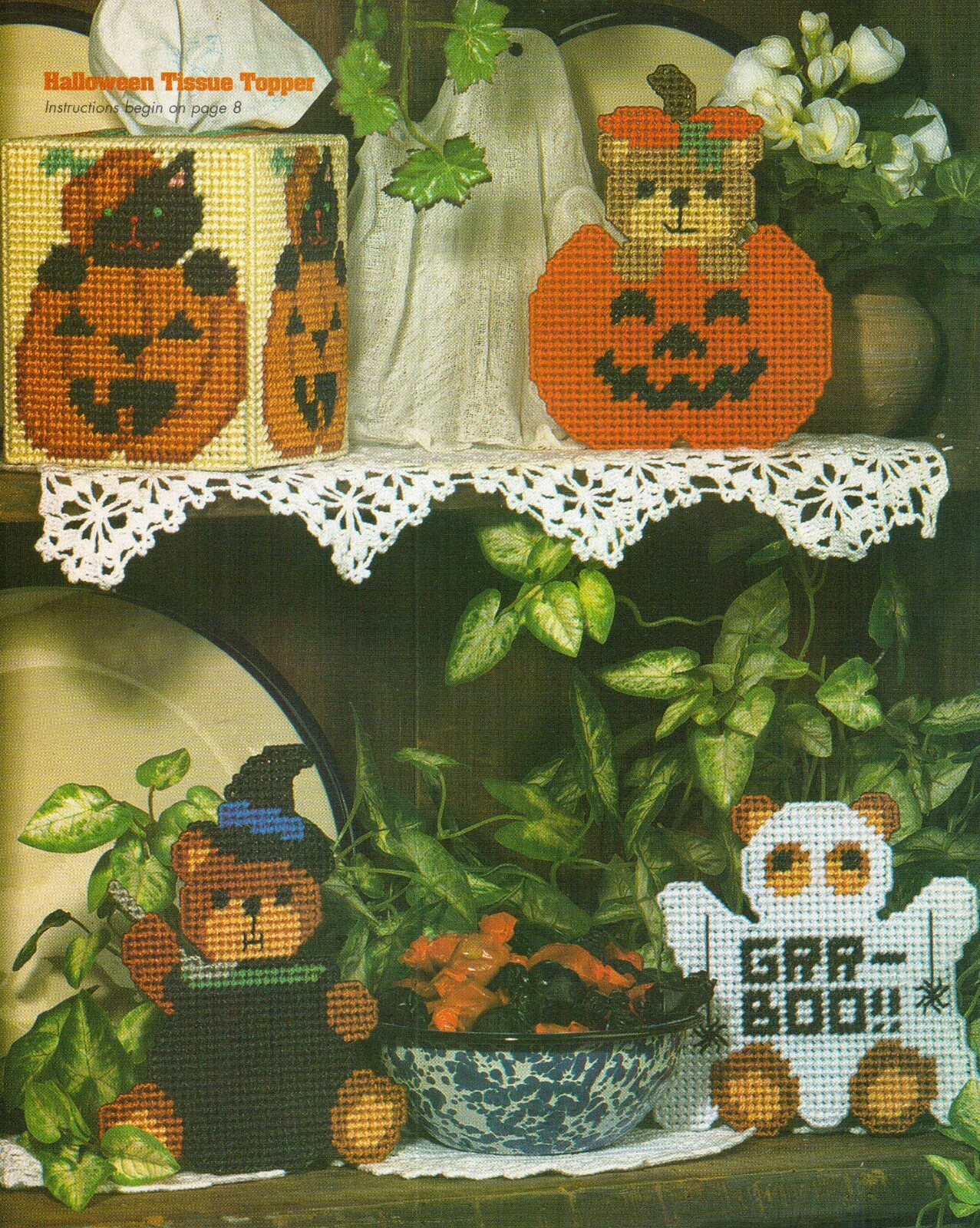 BEARY SCARY SPOOKS HALLOWEEN TISSUE COVER PLASTIC CANVAS PATTERN ...