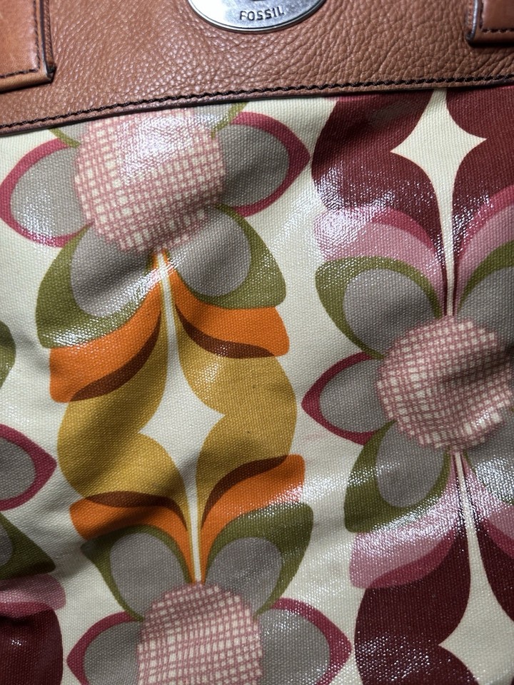 FOSSIL Key-Per Coated Canvas Brown Leather Floral Tote Handbag Boho | eBay