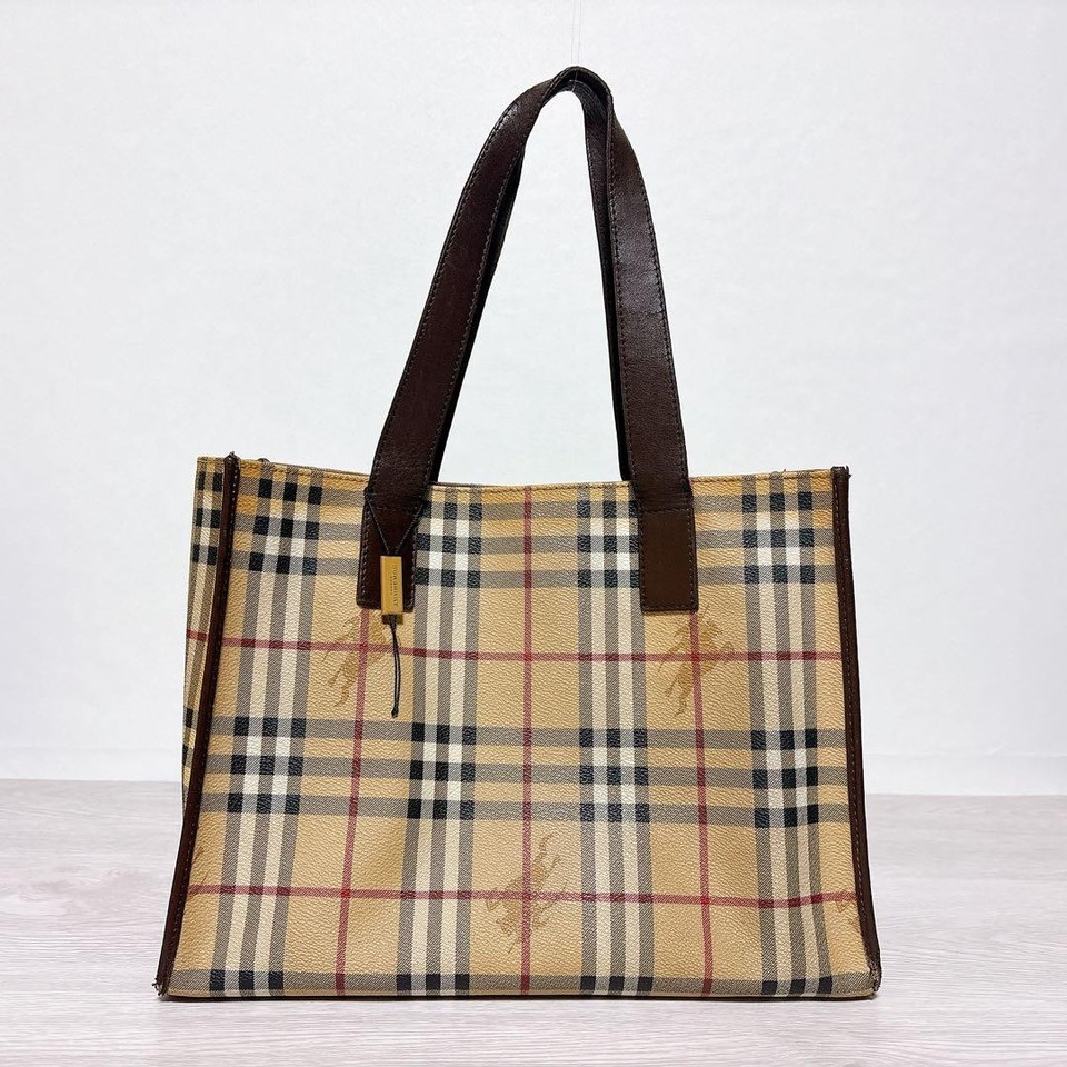 Rare BURBERRY Nova Check PVC Logo Tote Bag Brown Leather Trim Preowned ...