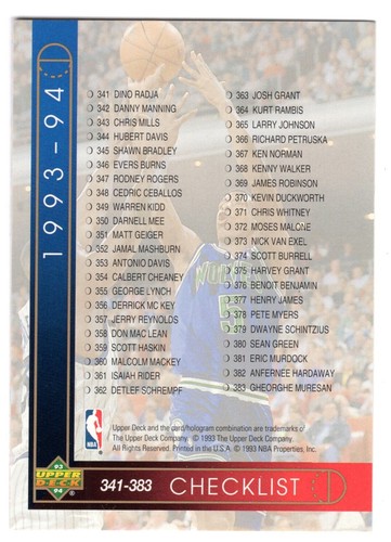 1993-94 UPPER DECK BASKETBALL CHECKLIST #341-425 CARD #509 **NM-MT** | eBay