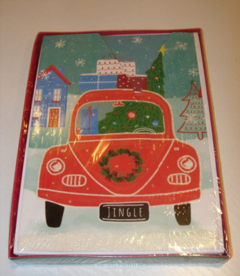 10 Christmas Cards & ENVELOPES TRI FOLD VW RED CAR WINTER SCENE SNOW ...