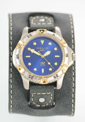 Relic Blue Mens Stainless Silver Gold Gray Wide Leather 50m Quartz ...