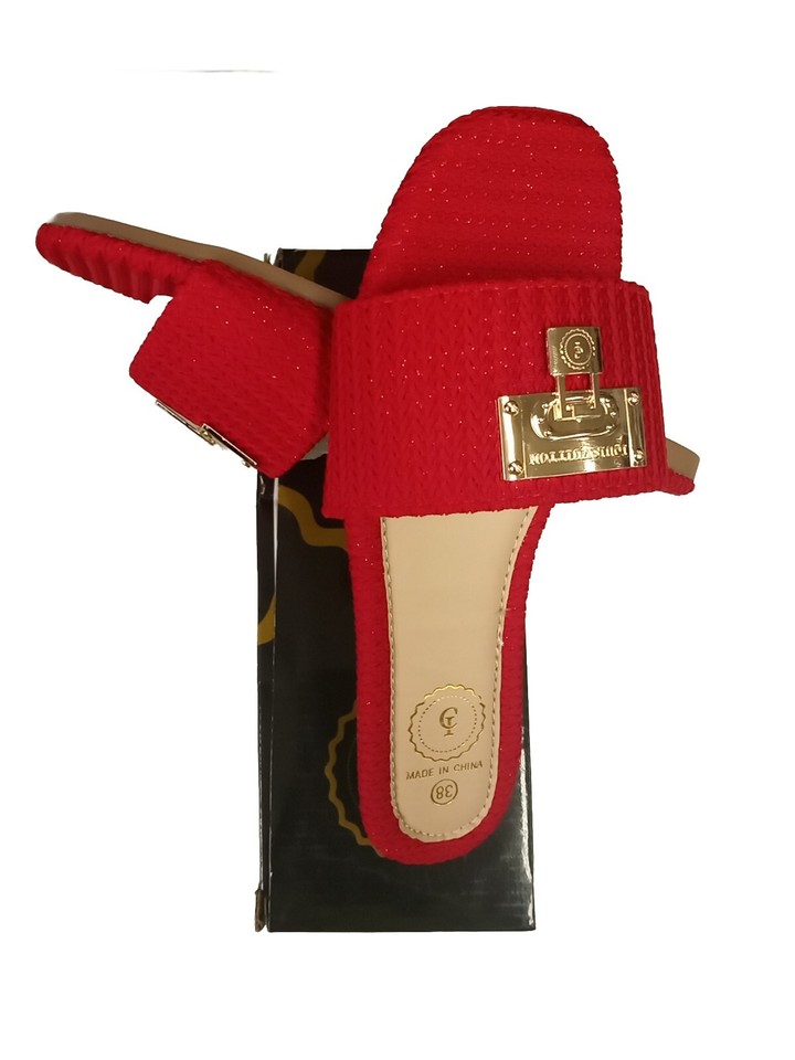 Women Open Toe One Strap Slip On Sandal Polyester Red & Gold Pendant ...