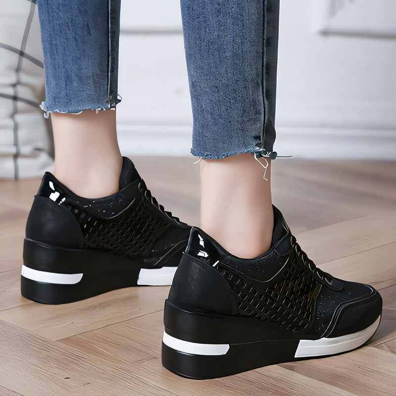 Womens Ladies Wedge Trainers Mesh Sports Sneakers Lace Up Comfort Shoes ...