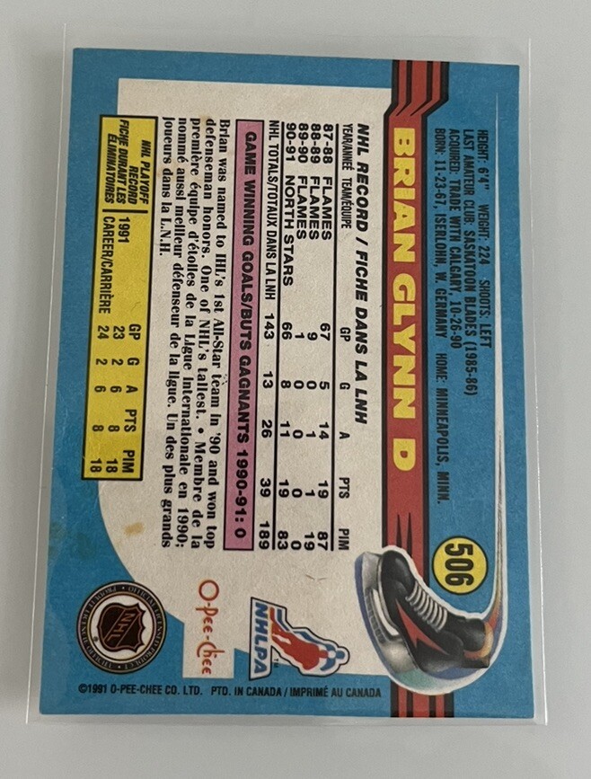 1991-92 O-Pee-Chee Brian Glynn #506 Rookie RC Auto Autograph Signed ...