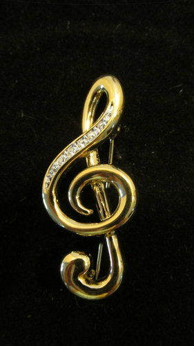 Vintage Gold Tone Rhinestone Jeweled Treble Clef Music Note Brooch Pin ...