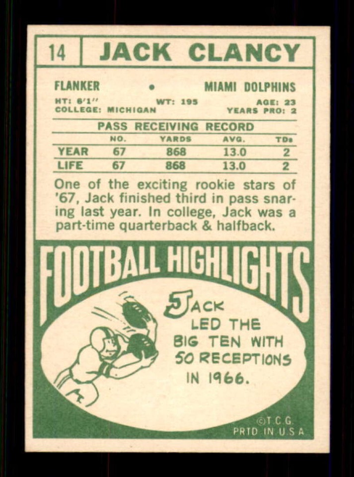 1968 Topps #14 Jack Clancy EXMT/EXMT+ Dolphins 562992 | eBay