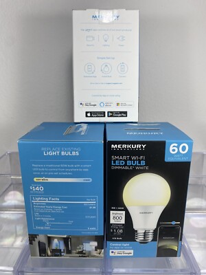 (3) Merkury Innovations Smart WIFI LED Bulb 60Watt 800 Lumens A19 E26 ...
