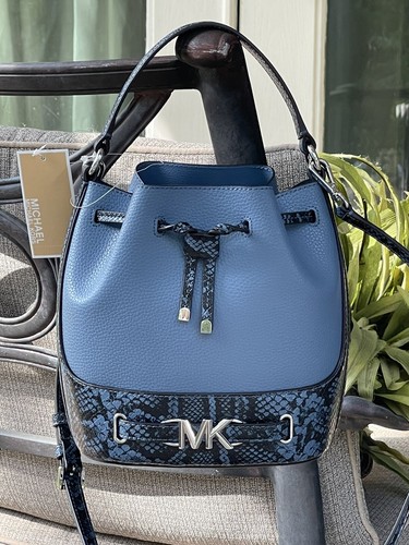 MICHAEL KORS REED MEDIUM BUCKET SNAKE CROSSBODY SHOULDER BAG DENIM BLUE ...