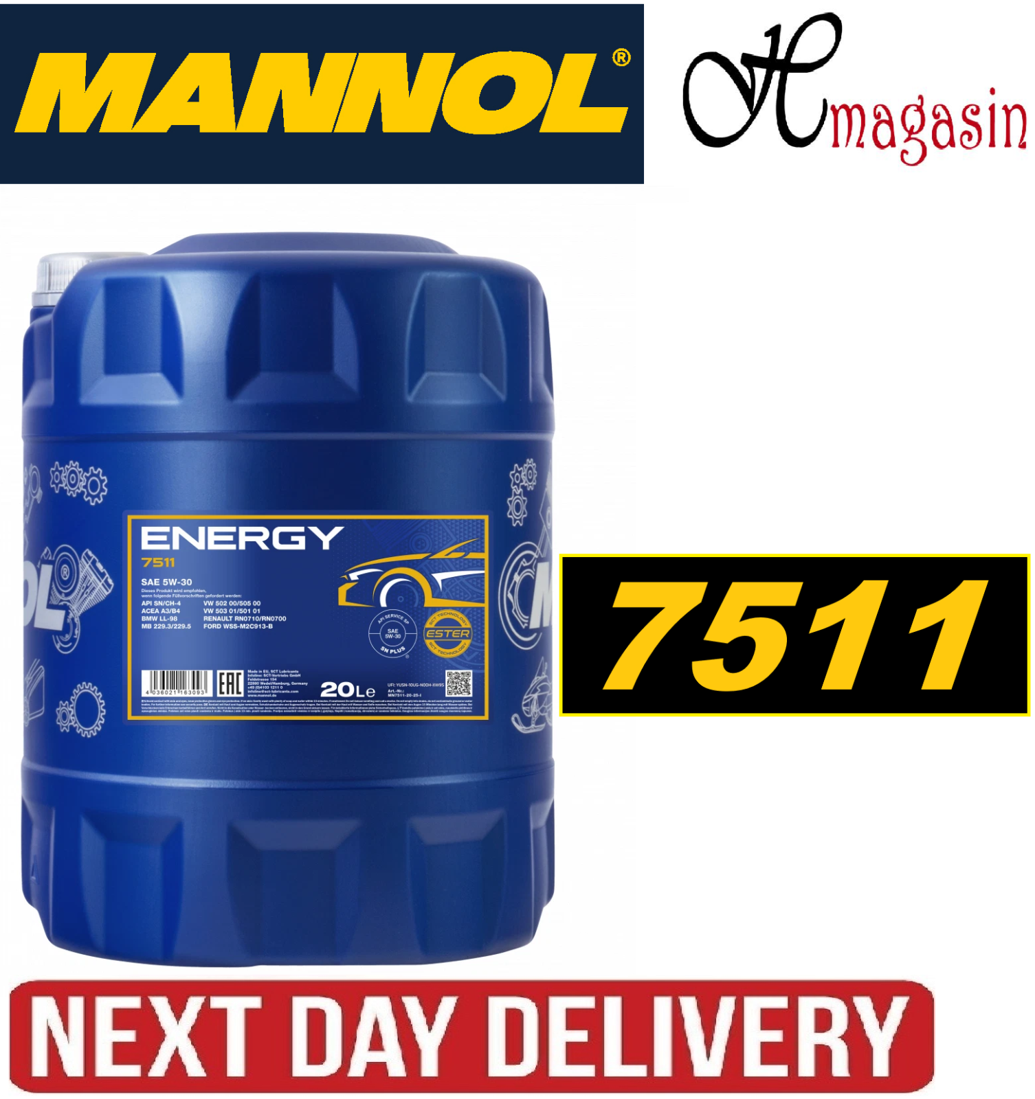 MANNOL 7511 20L Energy 5W30 Universal Synthetic Engine Oil API SN CH-4 ...