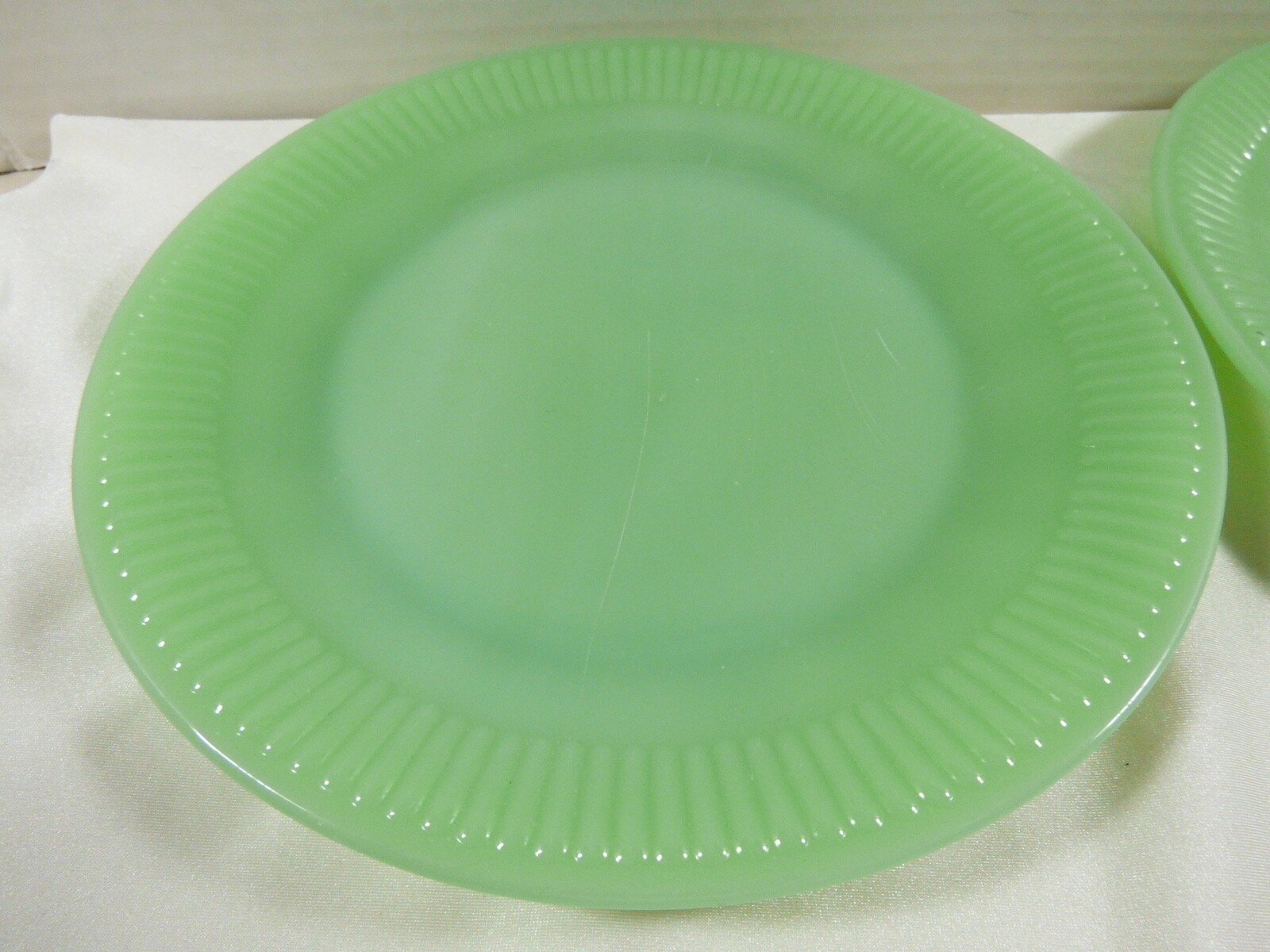 2 Oven Ware Fire King Jadeite Jane Ray salad plates green ribbed ...
