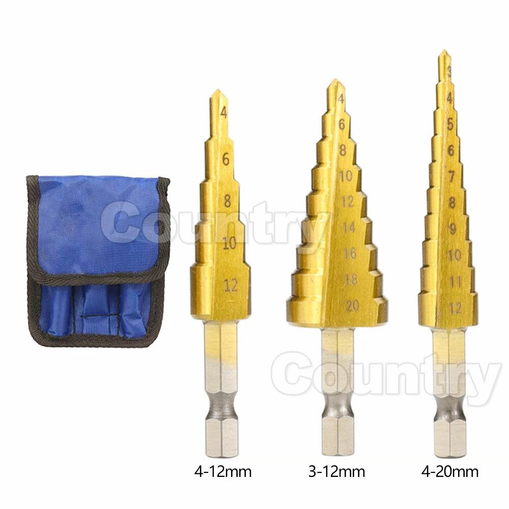 Large 3pcs Steel Step Cone Drill Titanium Bit Set Hole Cutter 3/12mm 4 ...