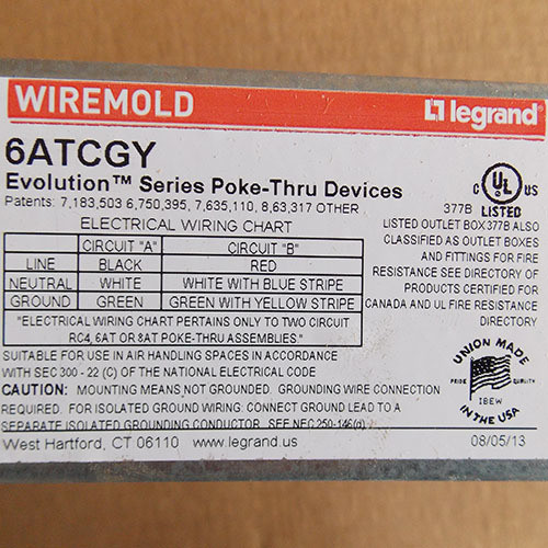 NEW Wiremold 6ATCGY Evolution Series Poke-Thru Device Assembly, 6" Gray ...