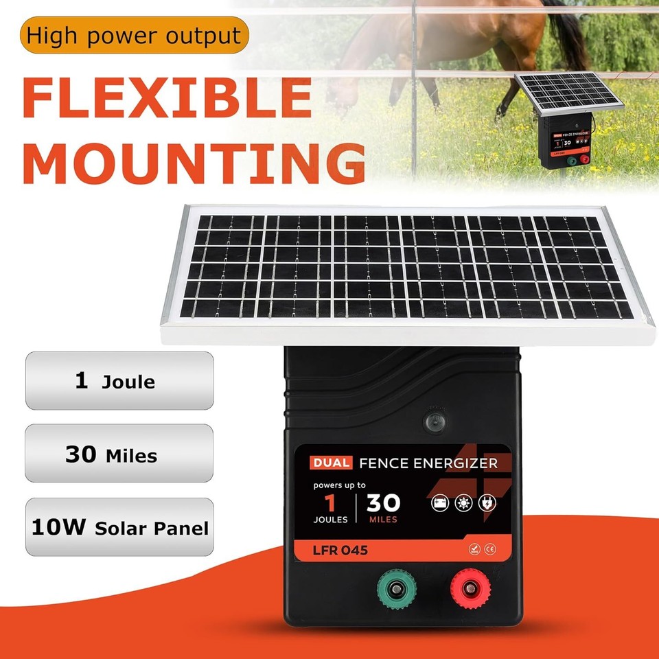 30 Miles Solar Electric Fence Charger, 1 Joule Portable Solar Fence ...