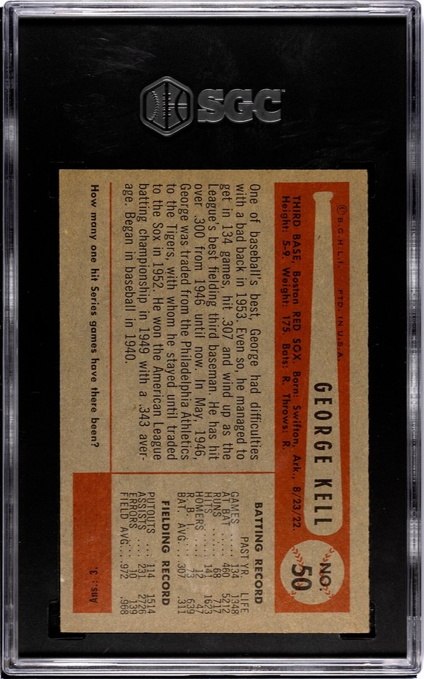 George Kell 1954 Bowman Baseball Card #50- SGC Graded 7 NM (Boston Red ...