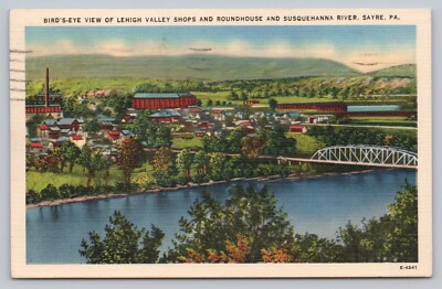 Postcard PA Sayre Bird's Eye View Leigh Valley Shops Roundhouse River ...