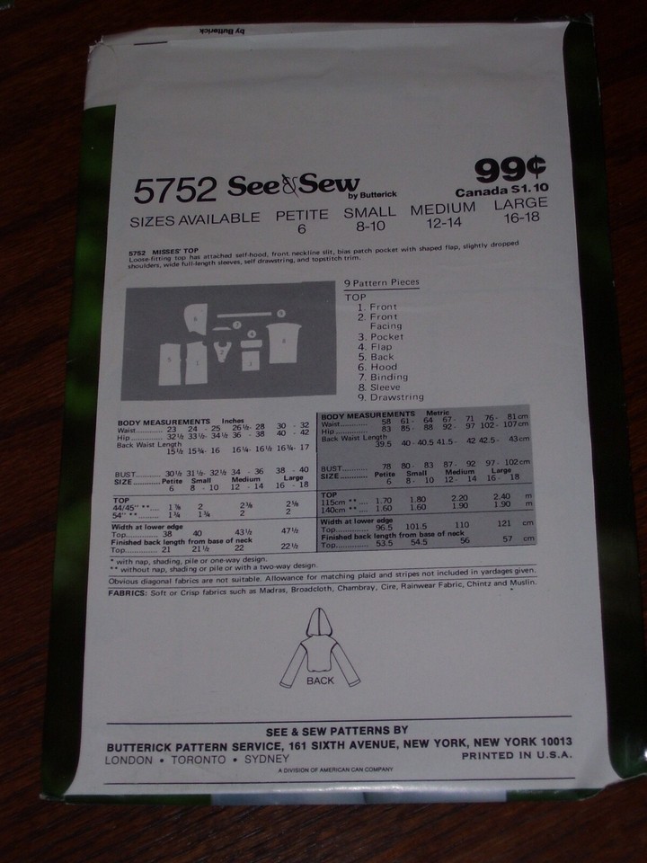 💐1979 UNCIRCULATED BUTTERICK #5752 - LADIES PULLOVER TOP w/HOOD PATTERN ...
