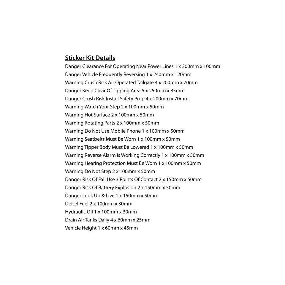 Tipper Truck & trailer risk assessment safety stickers full kit 42 ...