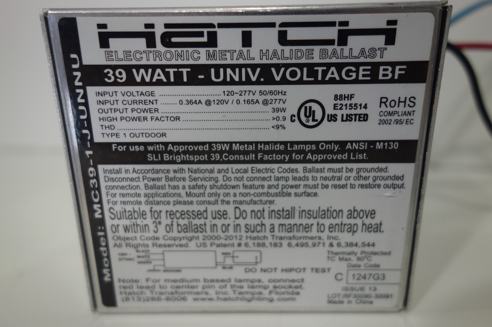 Hatch Lighting MC39-1-J-UNNU 39 Watt Electronic Metal Halide Ballast ...