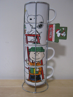 Peanuts Stackable Ceramic Christmas 10 Oz Mug Set of 4 Snoopy Charlie Brown | eBay