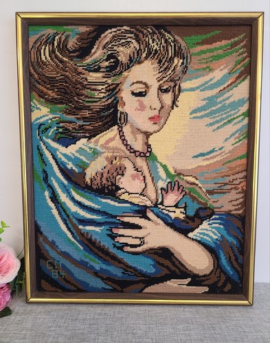 Vintage Completed Needlepoint (Crewel) Handmade 21"x17" Woman With Baby ...