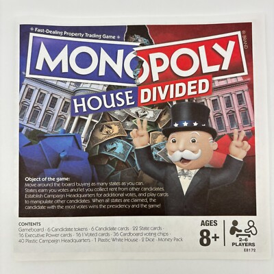 Monopoly House Divided Game Guide Instructions 2019 Pieces Politics USA ...