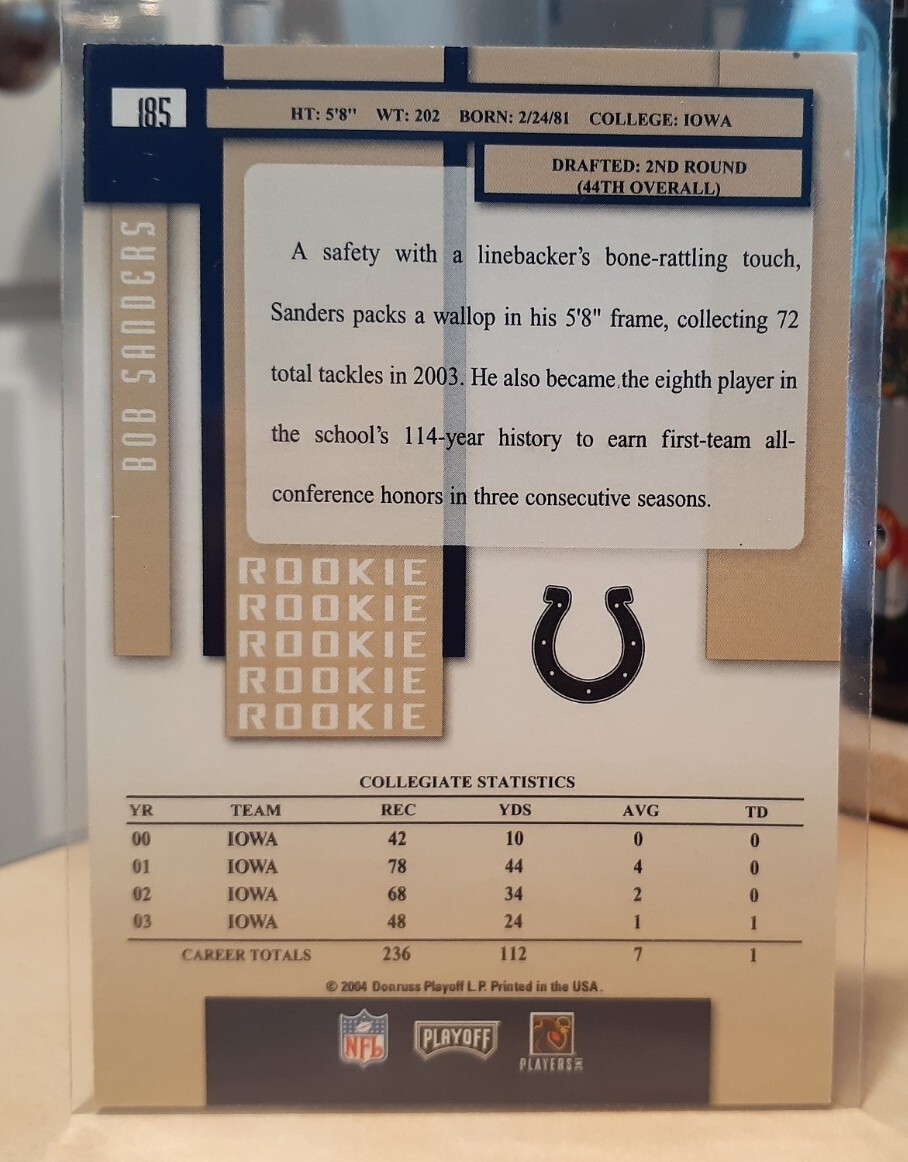 2004 BOB SANDERS PLAYOFF PRESTIGE 185 ROOKIE RC IOWA HAWKEYES ...