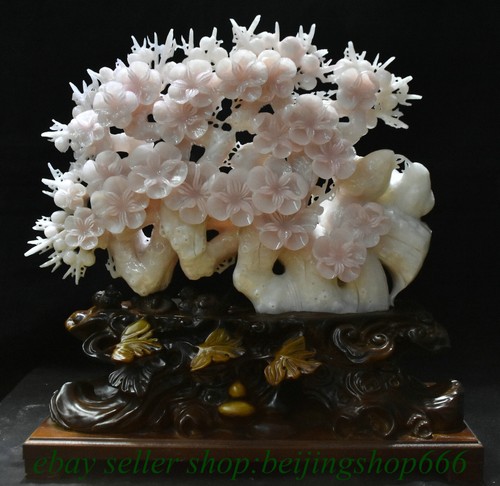 17.2" Chinese Natural Pink Xiu Jade Carved Fengshui Flower Bird Fan ...