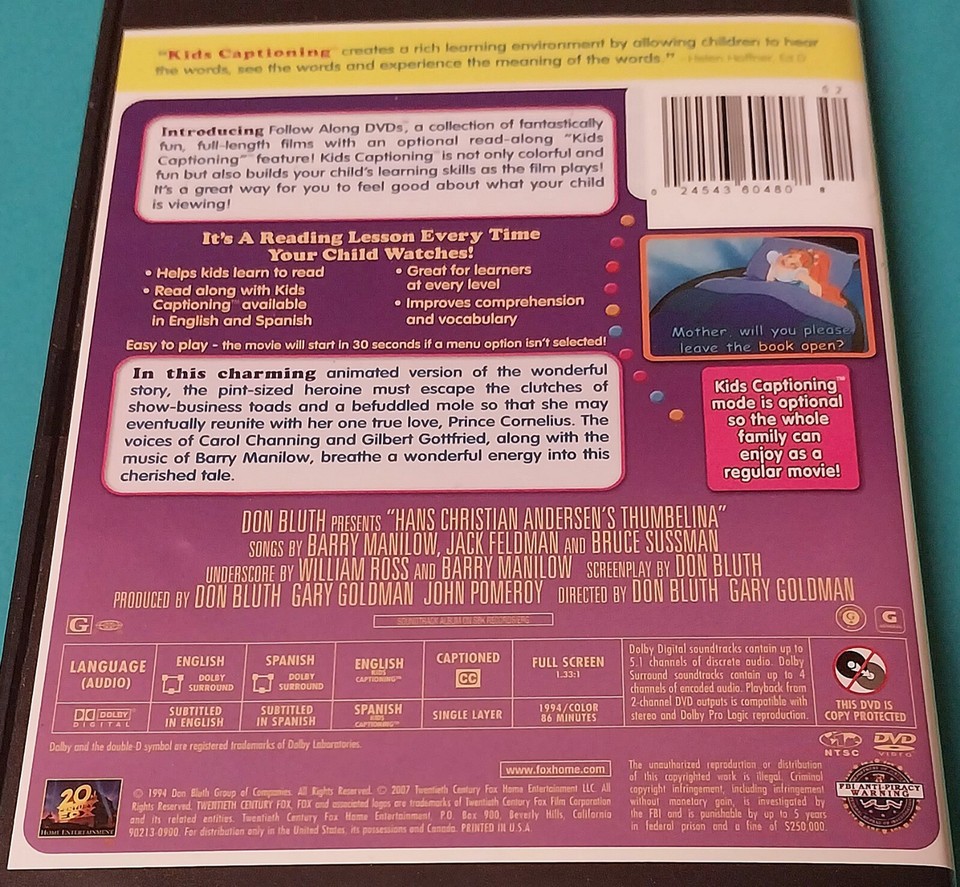 Thumbelina DVD 1994 Animated Movie Children's Kids Siing Along 2007 ...
