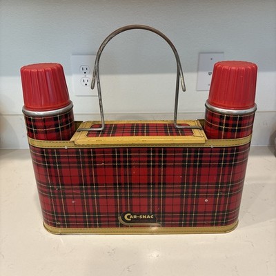 Vintage 1950's Car-Snac Picnic Cooler & (2) Thermos Set Snack Seat Auto ...
