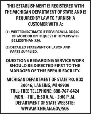 Michigan Consumer Information Auto Repair Poster Vinyl Banner Auto Shop ...