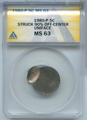 1980-P Jefferson Nickel Error Struck 90% Off Center ANACS MS63 Nickel ...