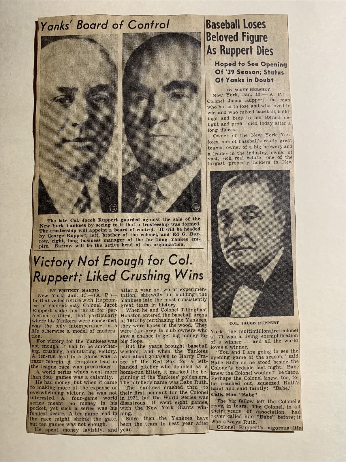Jacob Ruppert Dies New York Yankees 1939 Sporting News Baseball 6X10 ...