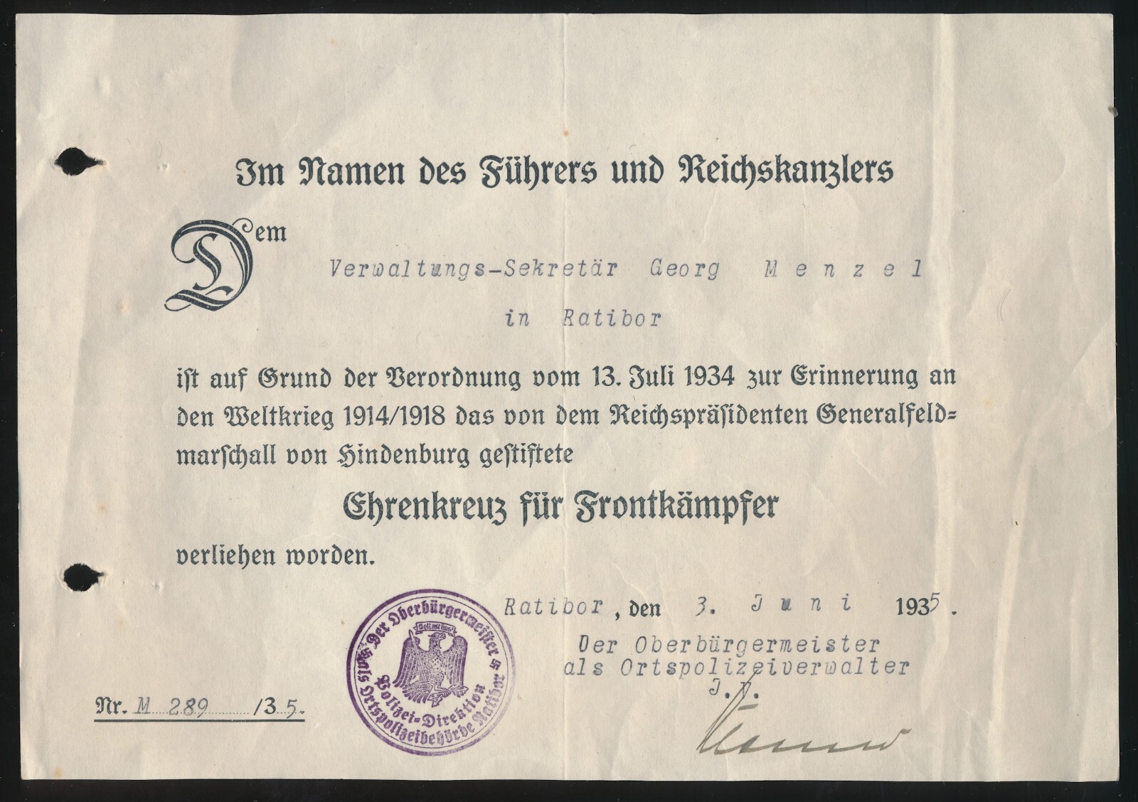 WW1 WW2 German award document paper hindenburg cross service medal ...