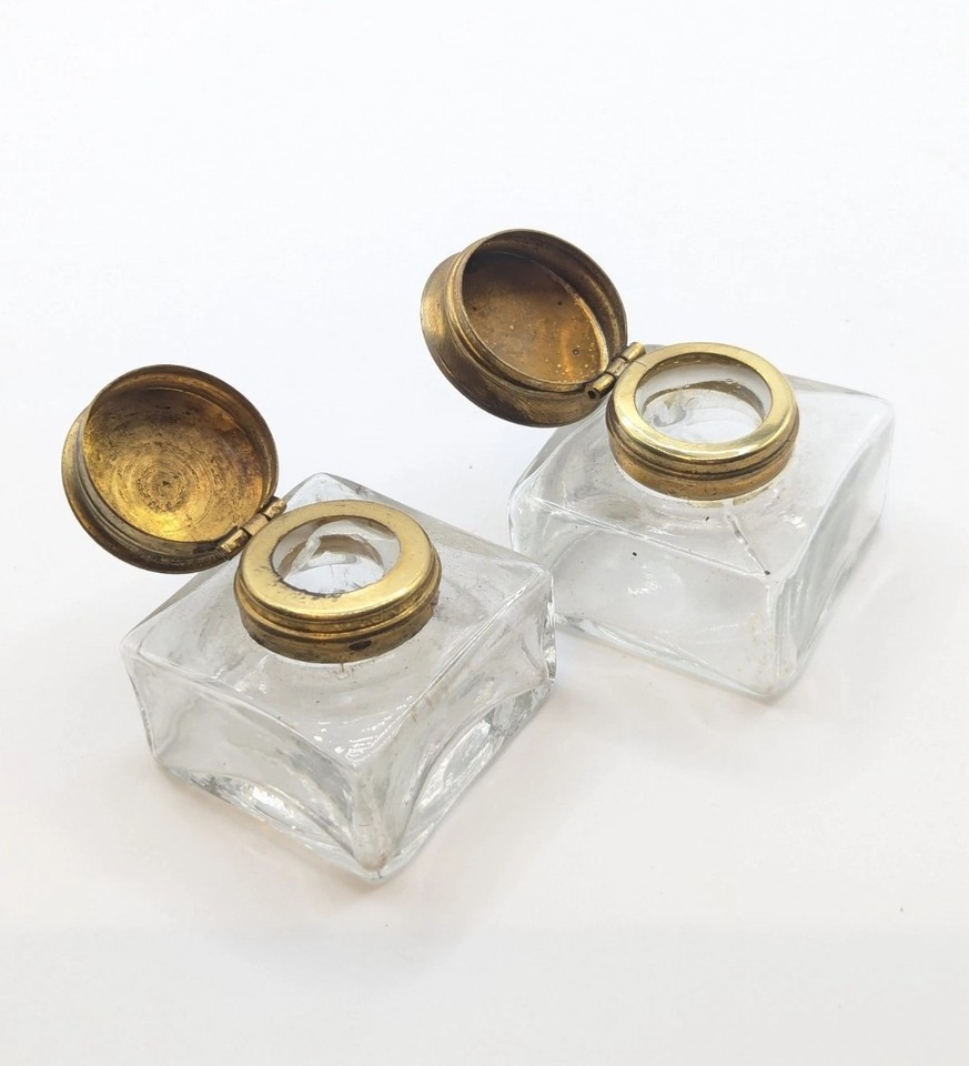 Vintage Pair Square Clear Thick Cut Glass Inkwells Bottles Decorative ...