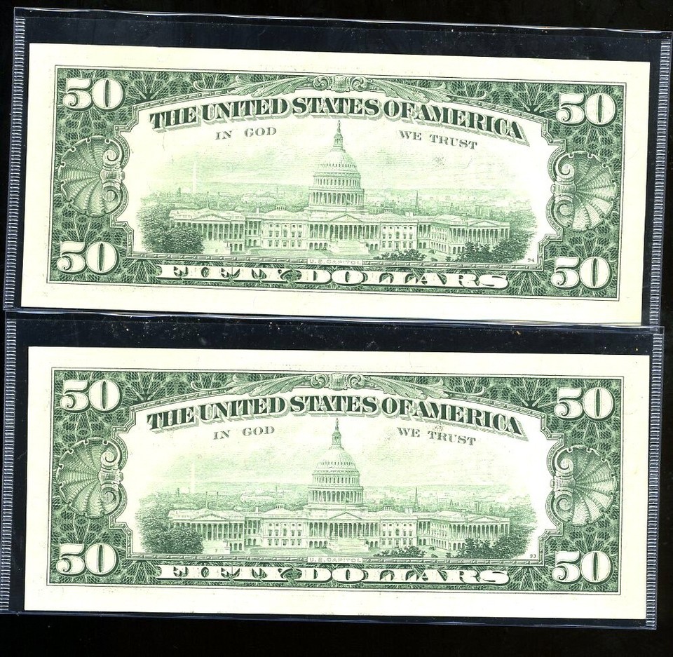 2 $50 Dollar Bill 1988 NOTE UNCIRCULATED sequential DA BLOCK PAPER ...